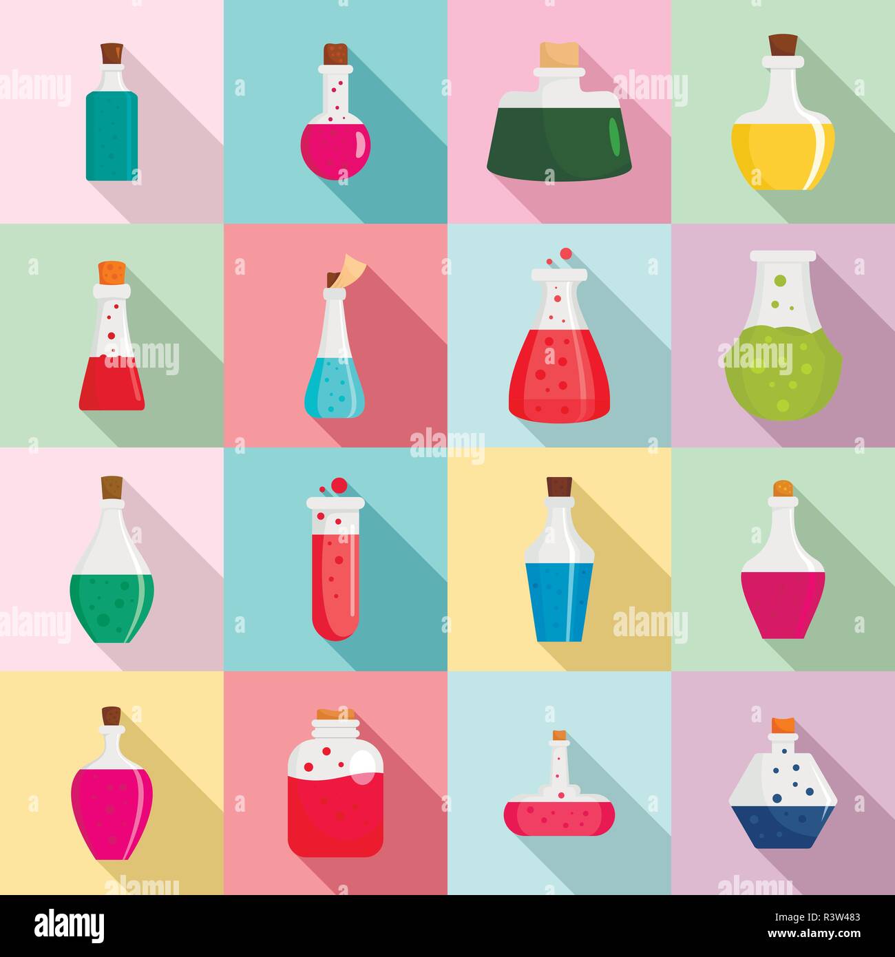 Potion magic bottle icons set. Flat illustration of 16 potion magic ...