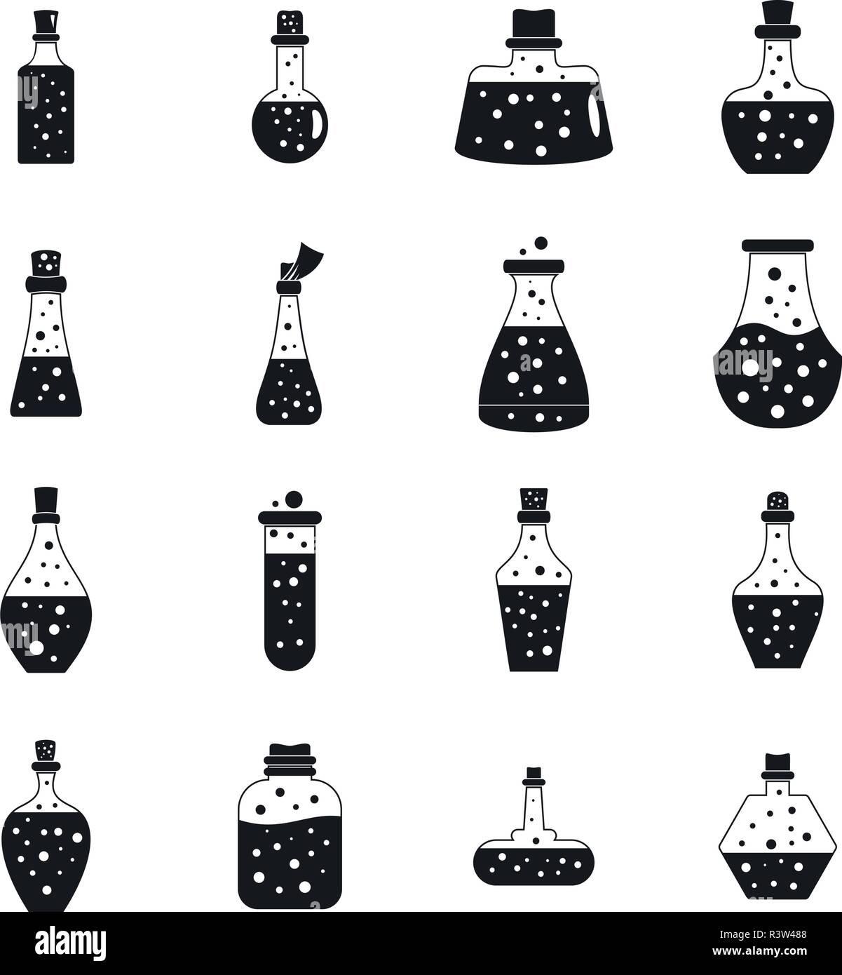 Potion magic bottle icons set. Simple illustration of 16 potion magic ...