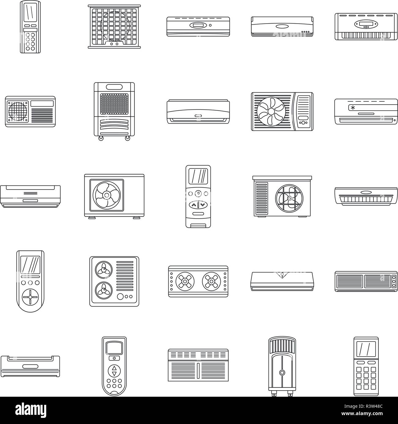 Conditioner air filter vent remote icons set. Outline illustration of ...