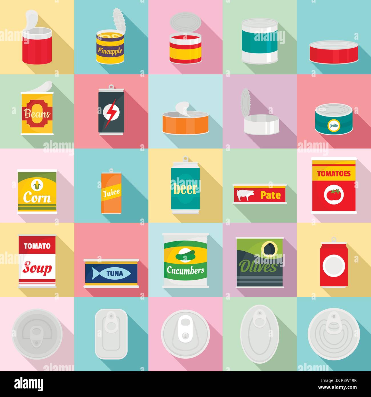 Tin can food package jar icons set. Flat illustration of 25 tin can ...