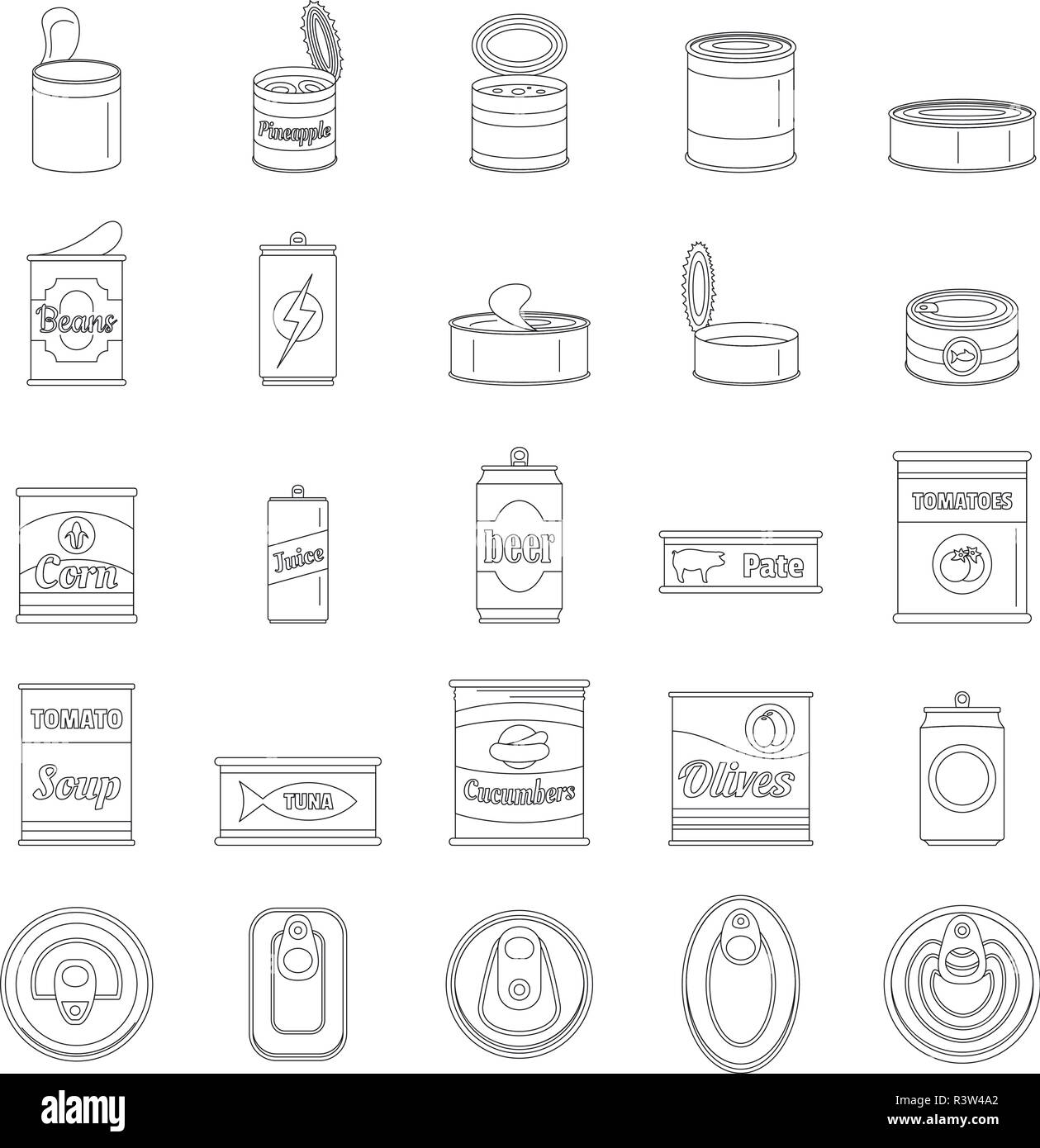 Tin can food package jar icons set. Outline illustration of 25 tin can ...