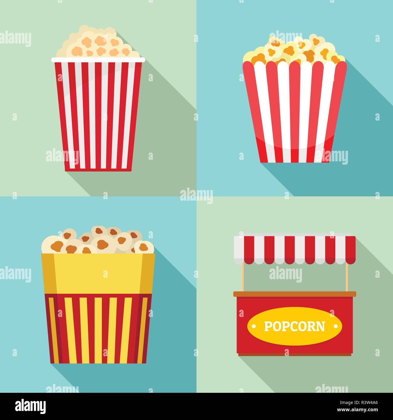 Popcorn cinema box striped icons set. Flat illustration of 4 popcorn ...