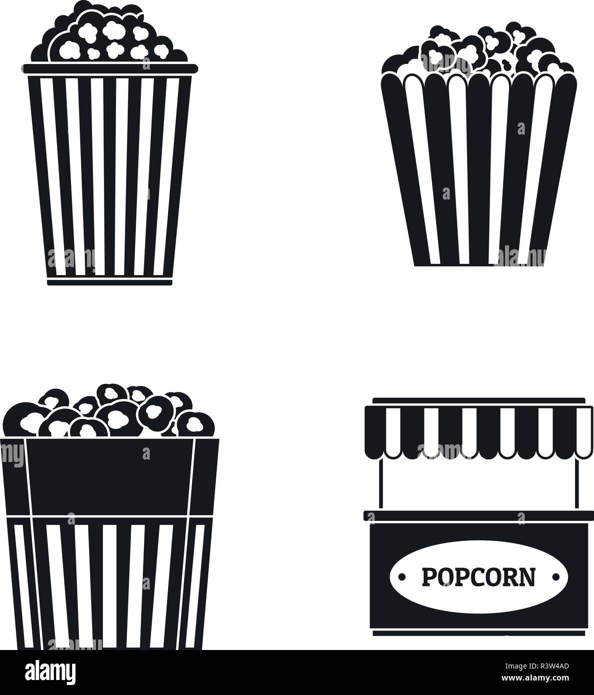 Popcorn cinema box striped icons set. Simple illustration of 4 popcorn ...