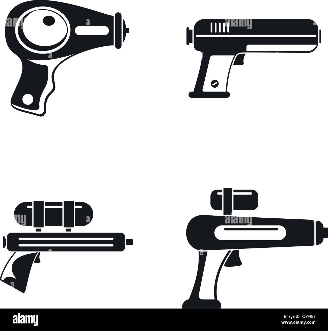Squirt gun water pistol game icons set. Simple illustration of 4 squirt ...