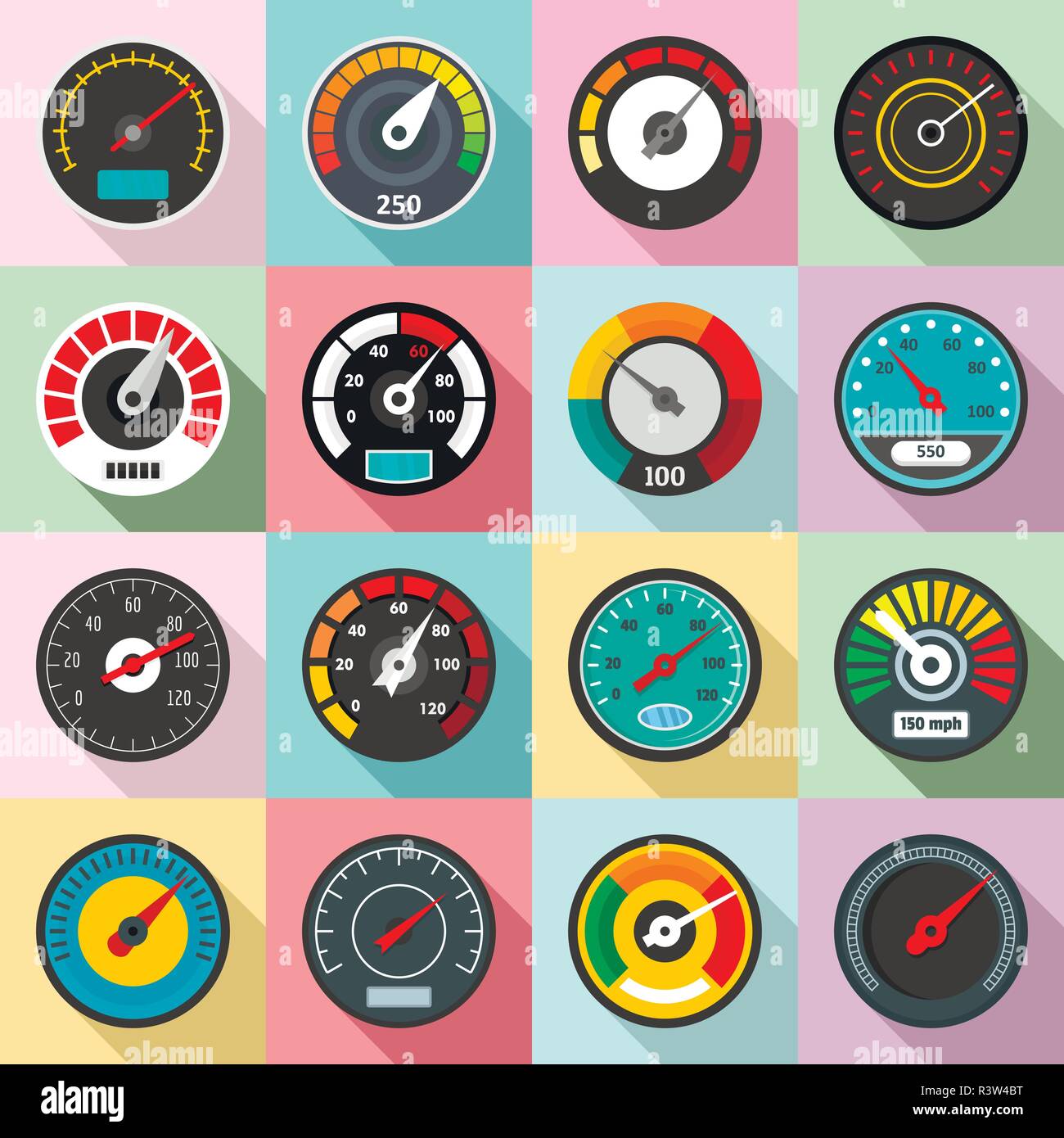 Speedometer level indicator icons set. Flat illustration of 16 ...
