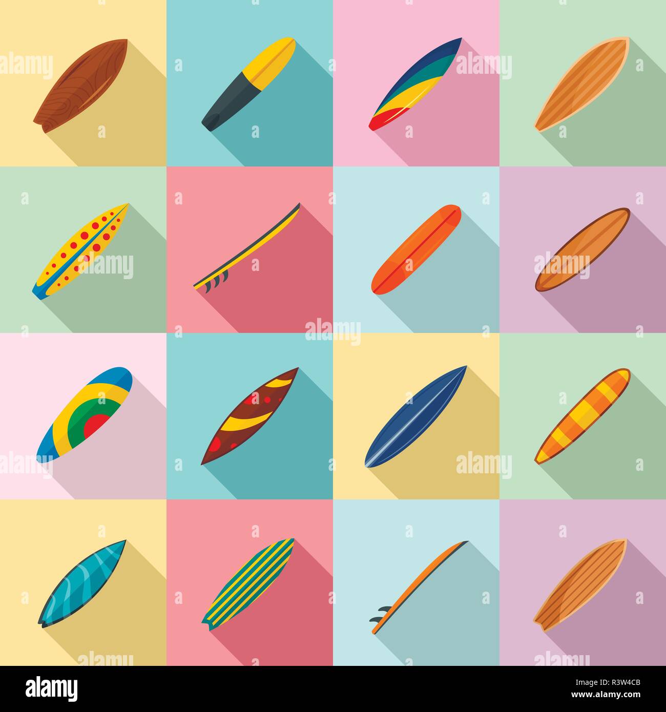Surfboard surf board icons set. Flat illustration of 16 surfboard surf board vector icons for ...