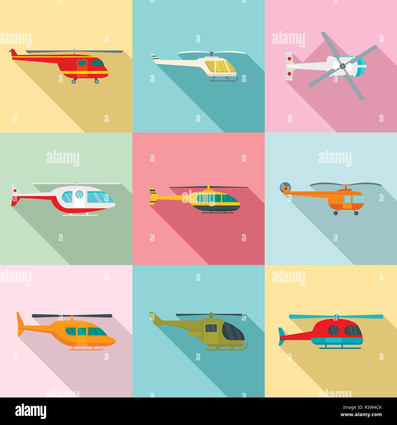 Helicopter military aircraft chopper icons set. Flat illustration of 9 ...