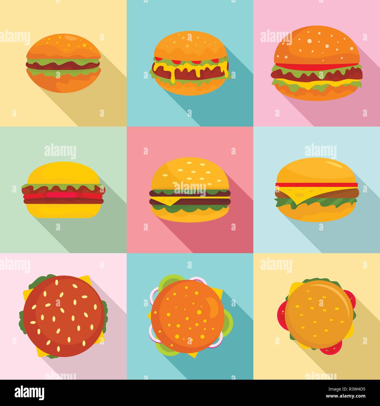 Burger sandwich bread bun icons set. Flat illustration of 9 burger ...