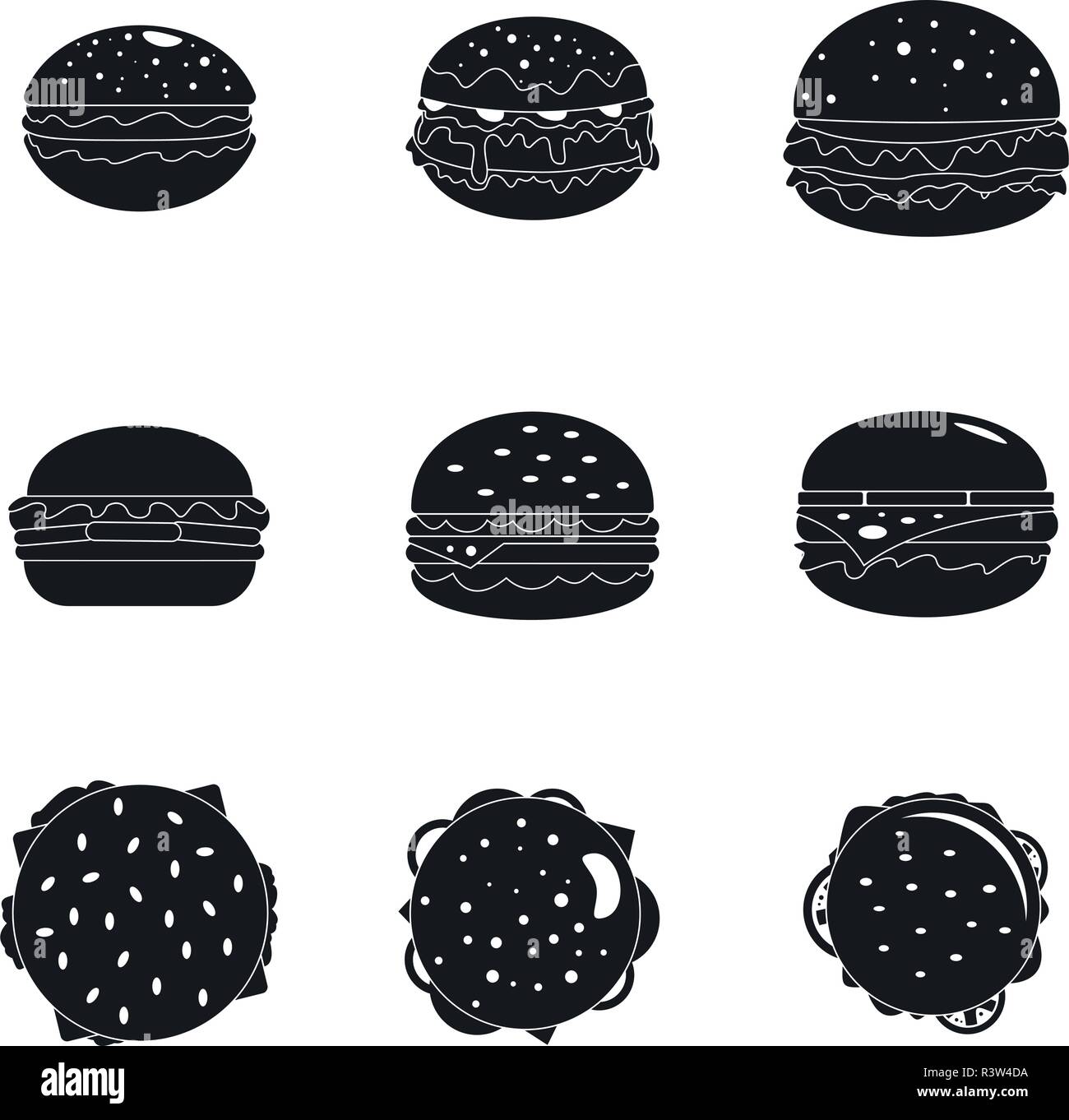 Burger sandwich bread bun icons set. Simple illustration of 9 burger ...