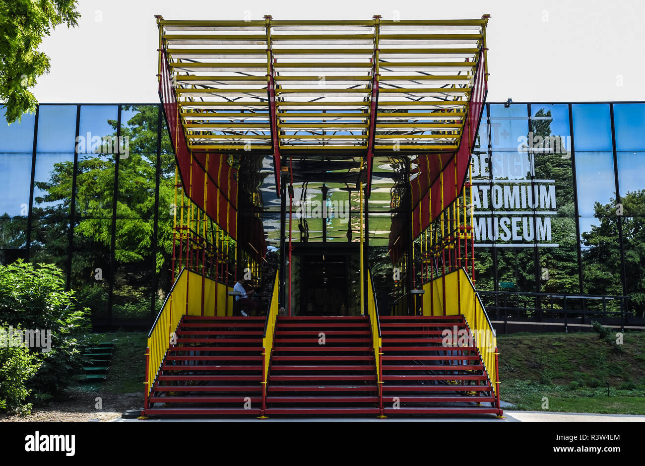 The colorful facade of the Art Design Atomium museum in Laeken ...