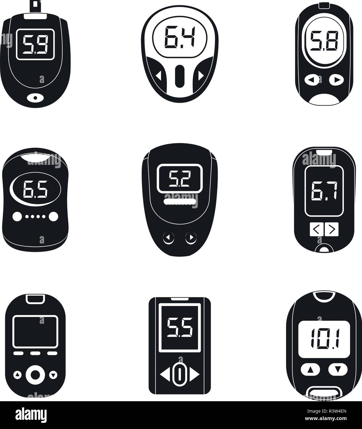 Glucose meter sugar blood test device icons set. Simple illustration of ...