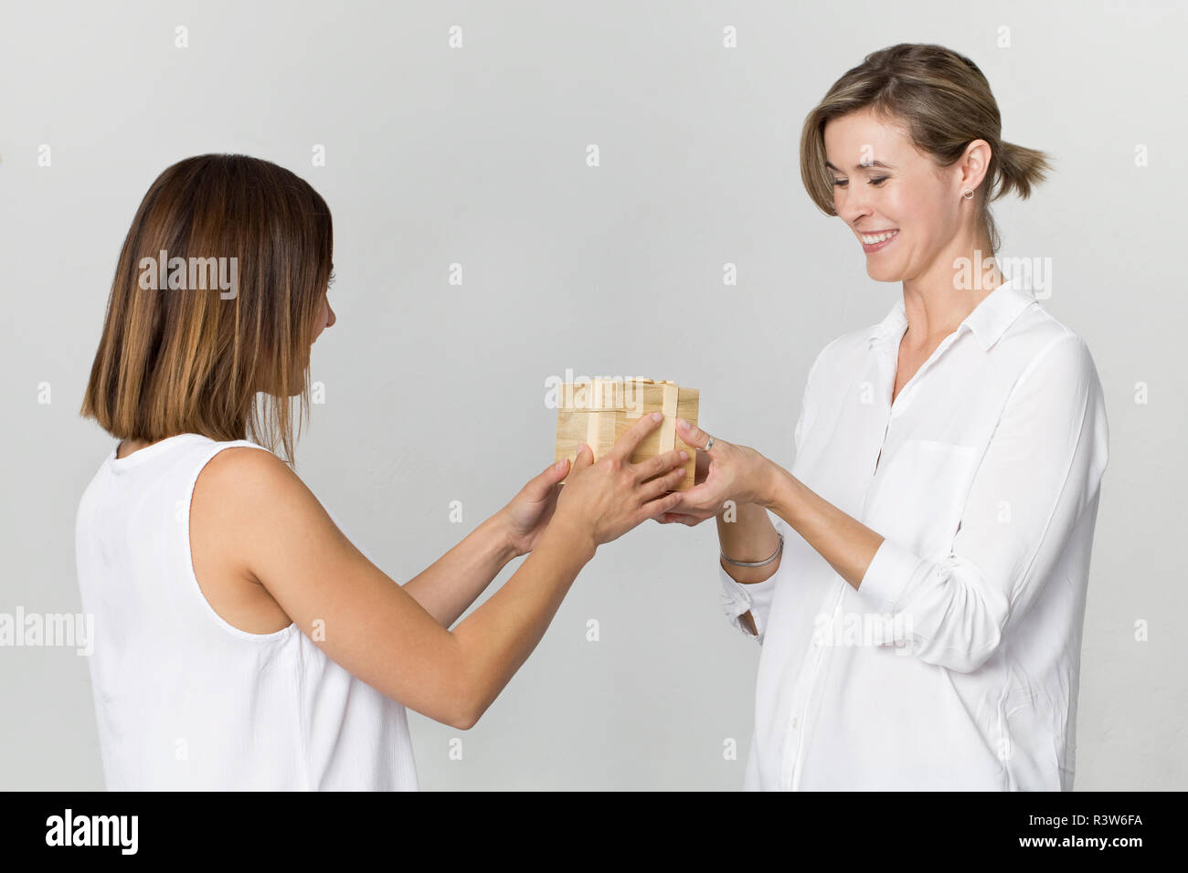 Young woman gives a gift to her friend. Smiling two women scene against ...