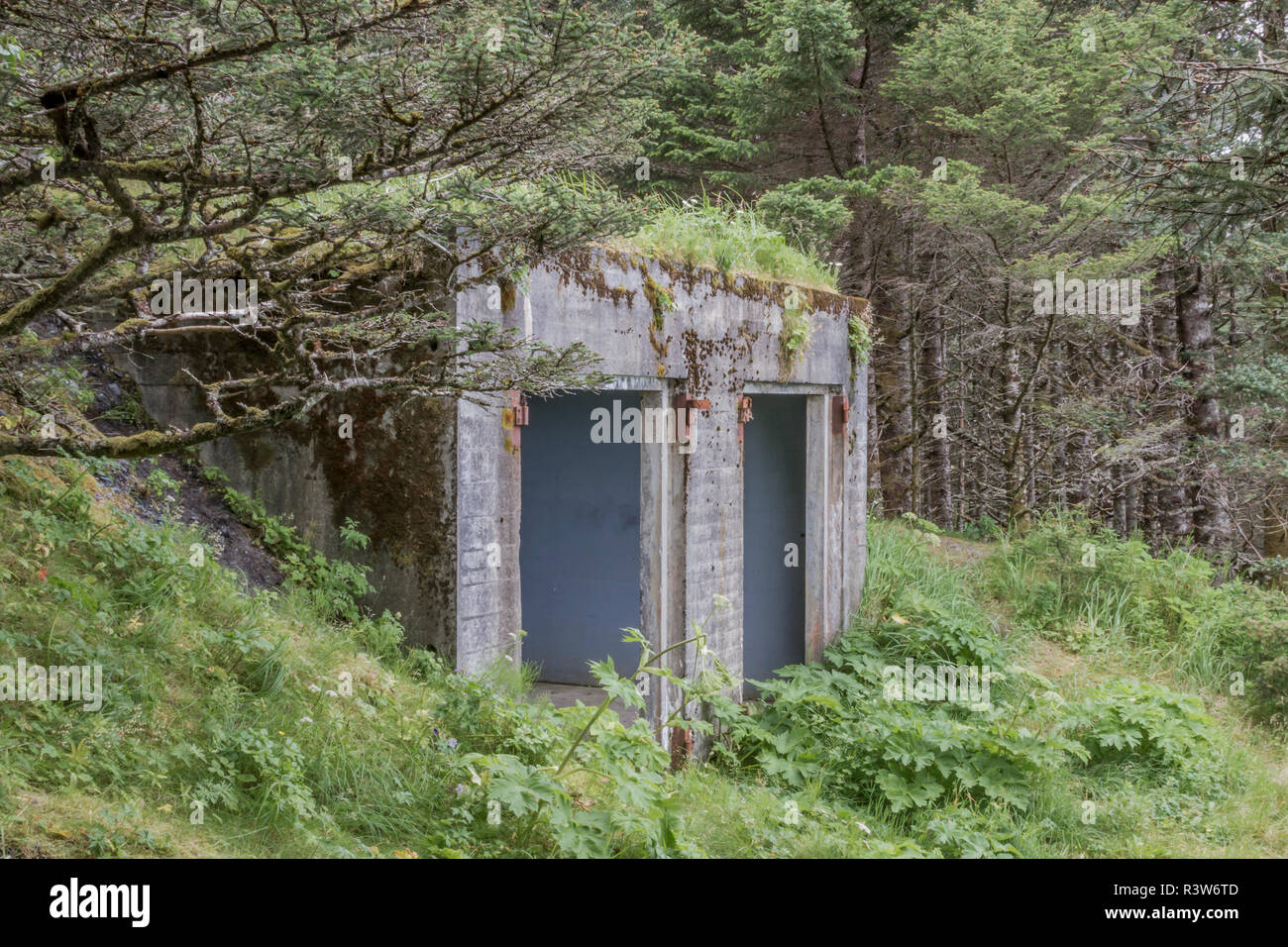 USA, Alaska, Kodiak. Storage Building from WWII at Fort Abercrombie ...