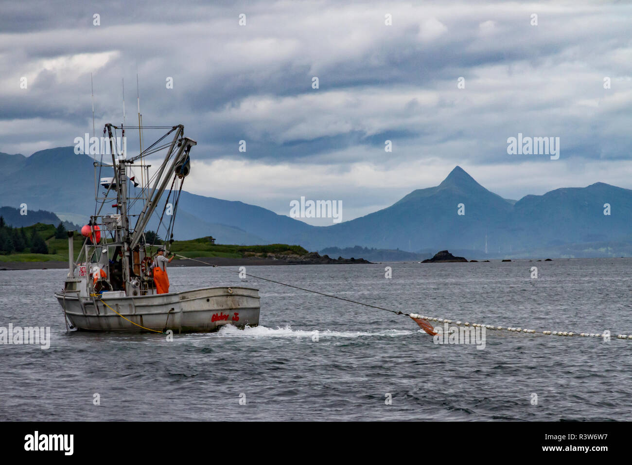 USA, Alaska, Kodiak, Chiniak Bay. Commercial fishing for salmon near a ...