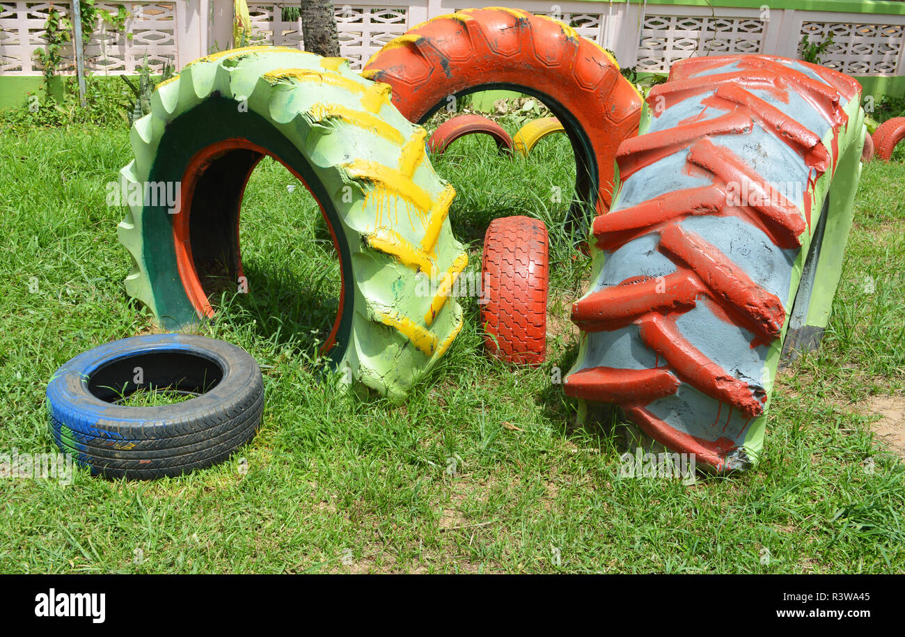 Colorful tires / old wheel tires tractor and tires car painted color in ...