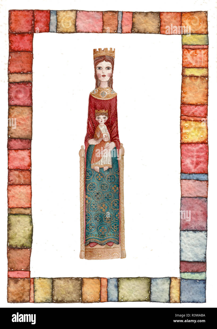 Hand drawn back postcard , Enthroned Romanic Virgin Mary end Child, watercolor illustration ...