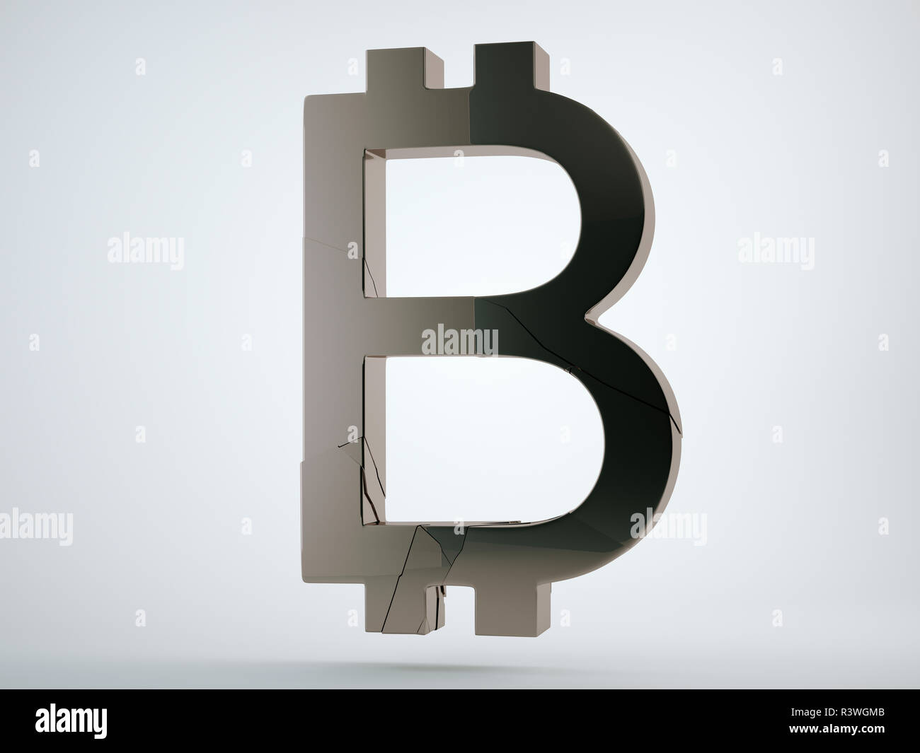 Black bitcoin symbol with cracks on grey background. 3d render, 3d ...