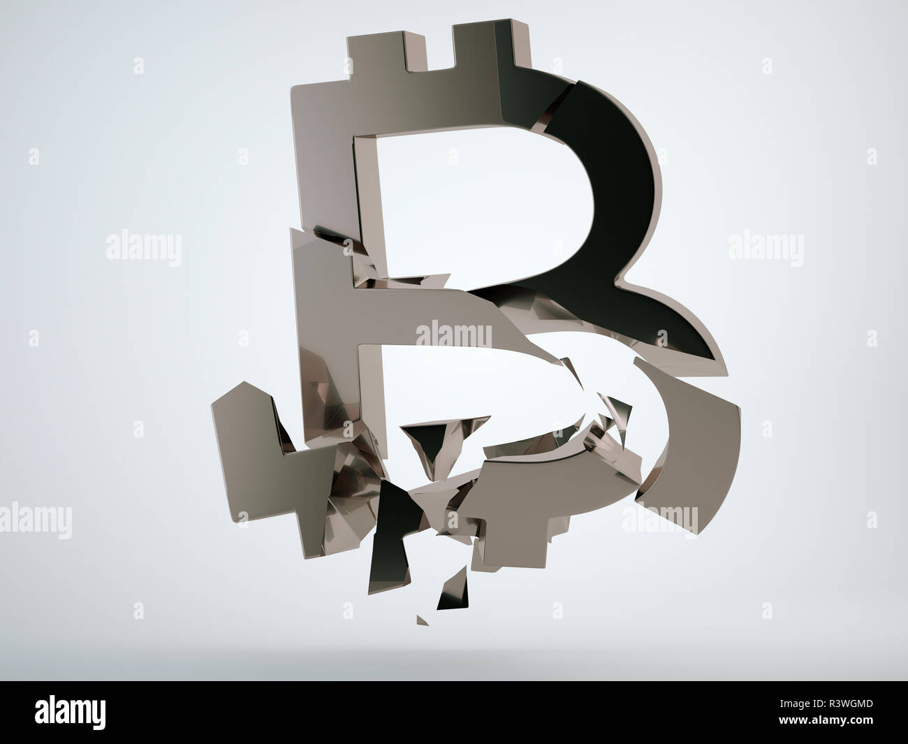 Black bitcoin symbol shattered and broken on grey background. 3d render ...