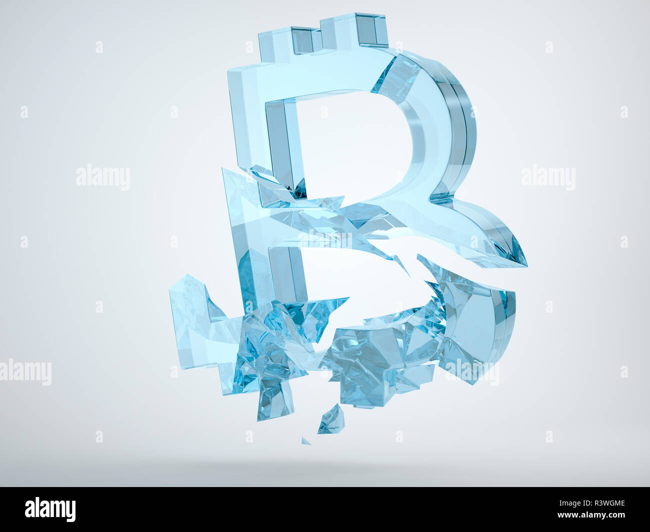 Glass bitcoin symbol with cracks on grey background. 3d render, 3d ...