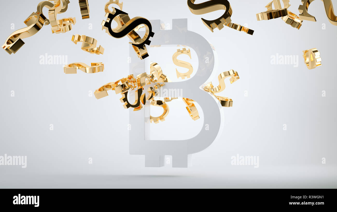Bitcoin devaluation symbol and shattered golden dollar currency symbols ...