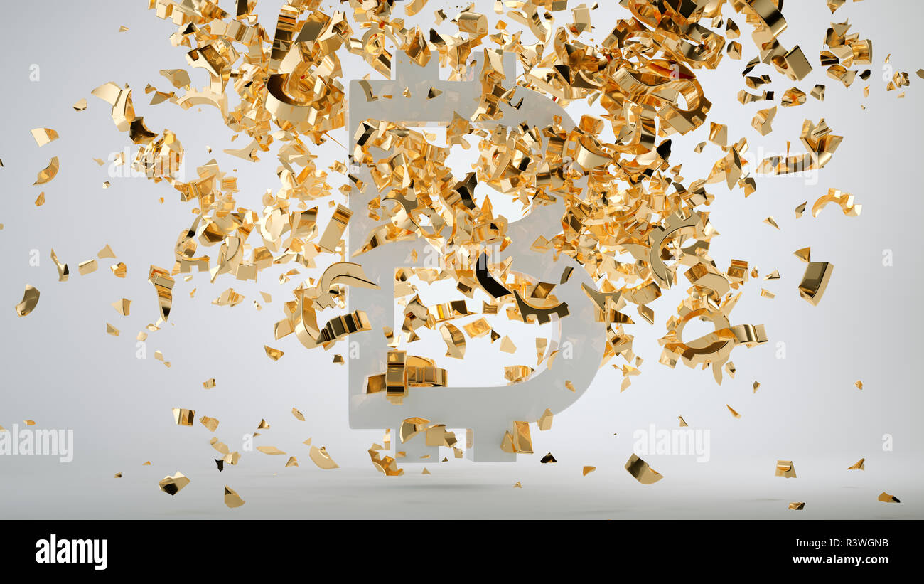 Bitcoin devaluation symbol and shattered golden dollar currency symbols ...
