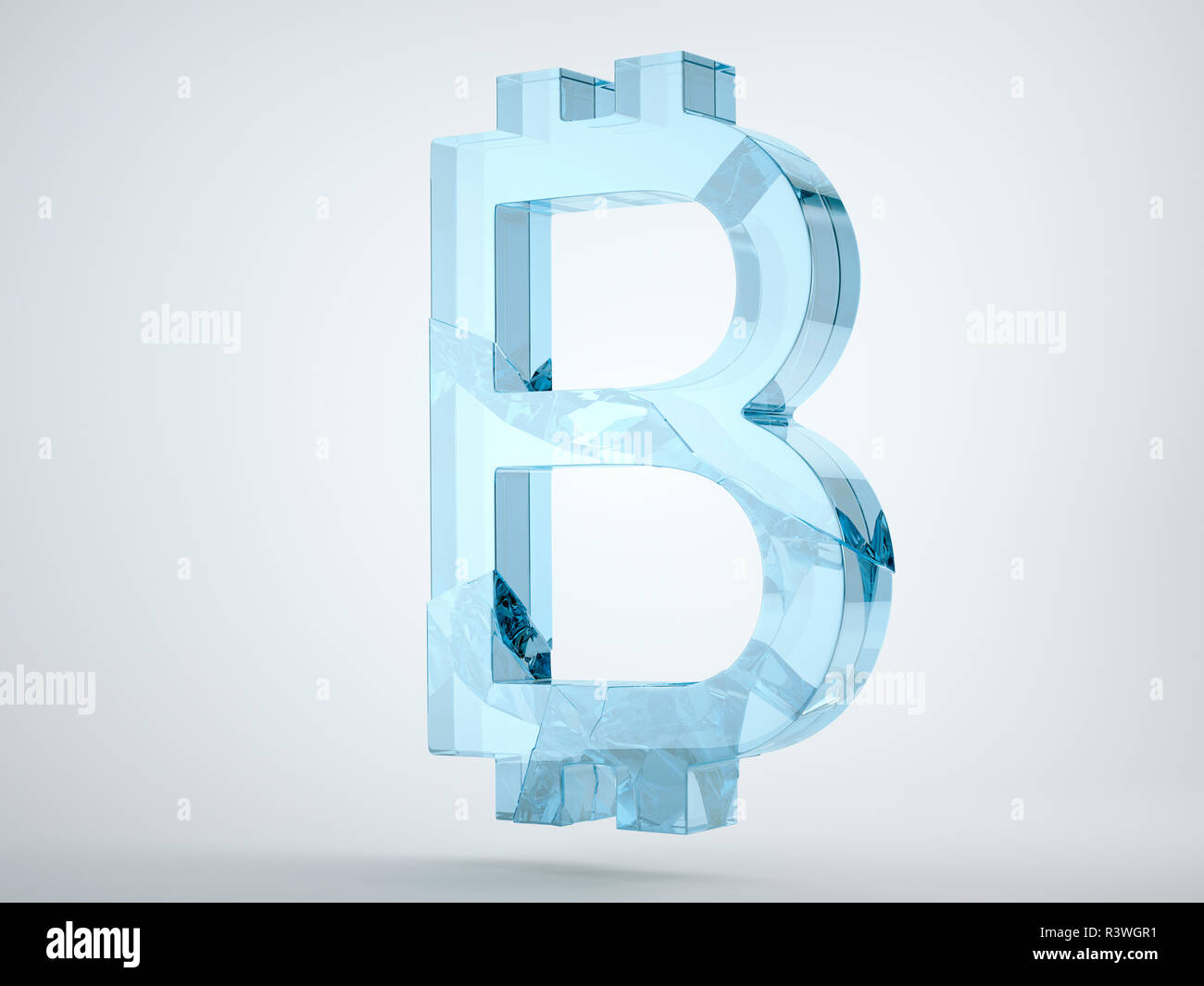 Glass bitcoin symbol shattered and broken on grey. 3d render, 3d ...