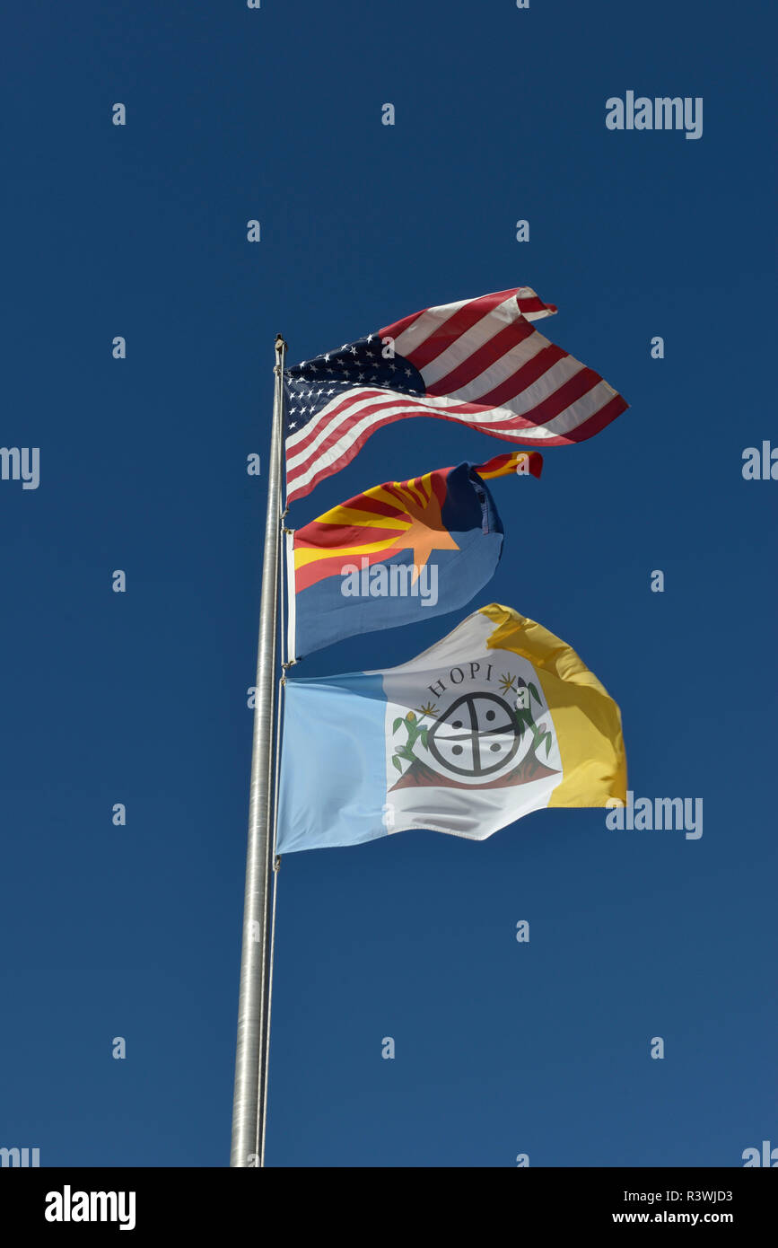 USA, Arizona, Hopi flag flying below the US and Arizona flags, Homolovi ...
