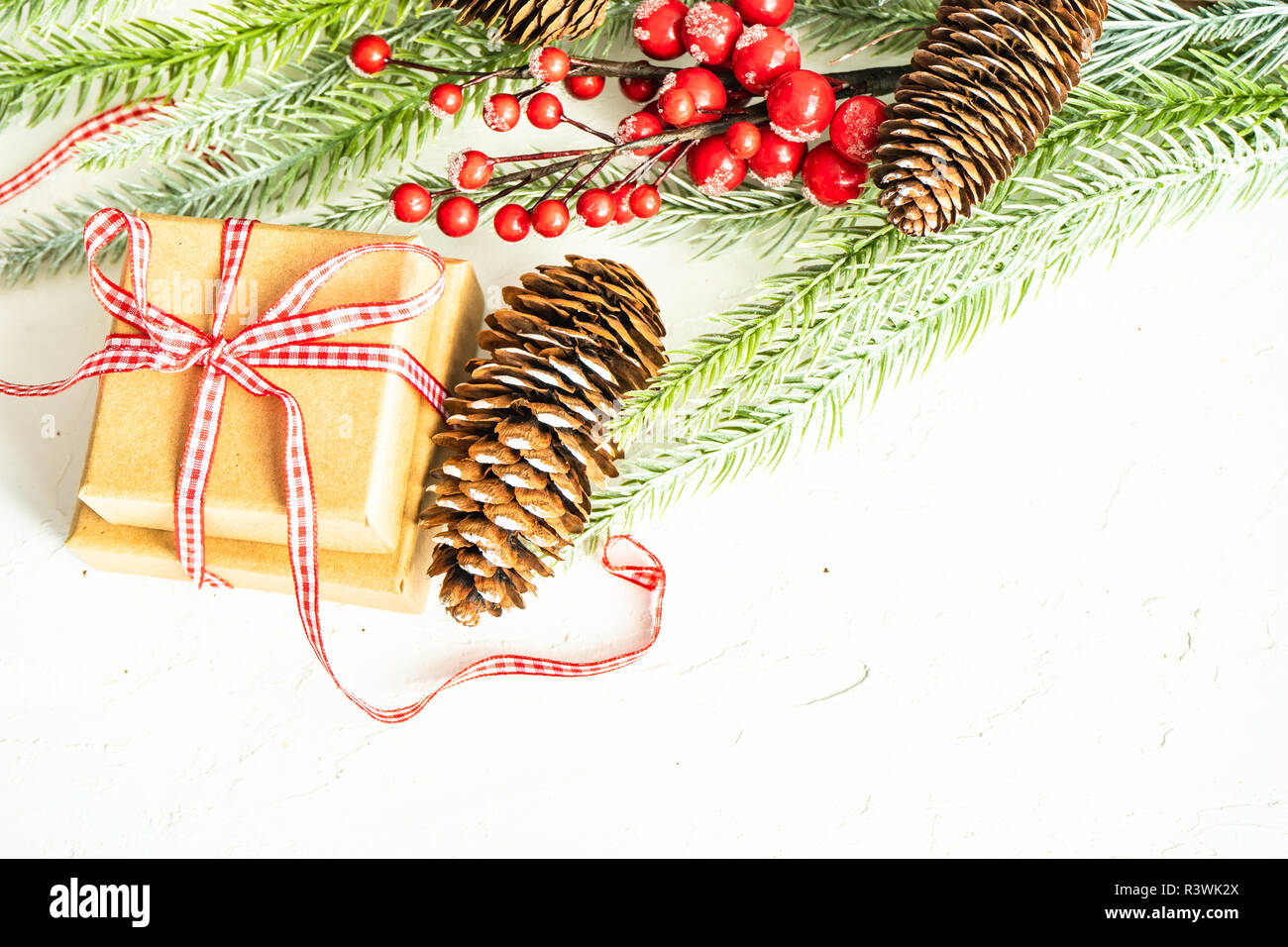 Christmas frame with gift boxes, balls and christmas tree Stock Photo ...