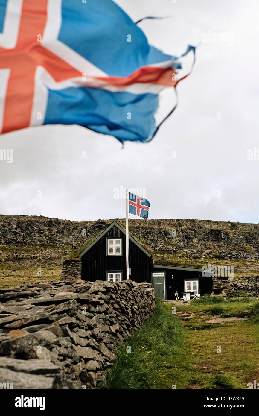 A wind torn Icelandic flag and a typical black timbered turf house in ...