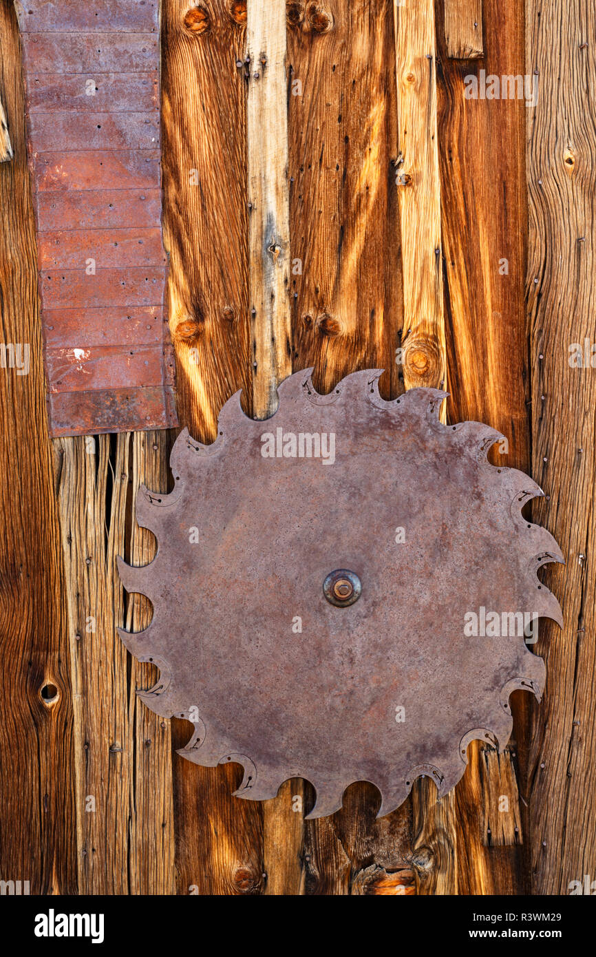 Saw blade hanging on building, Bodie State Historic Park, California ...