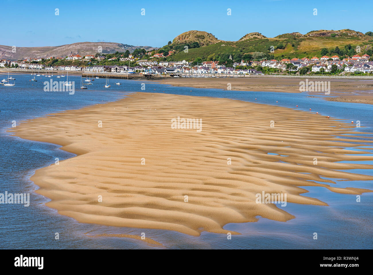 View of a sandy beach along the River Conwy in Wales, UK Stock Photo ...