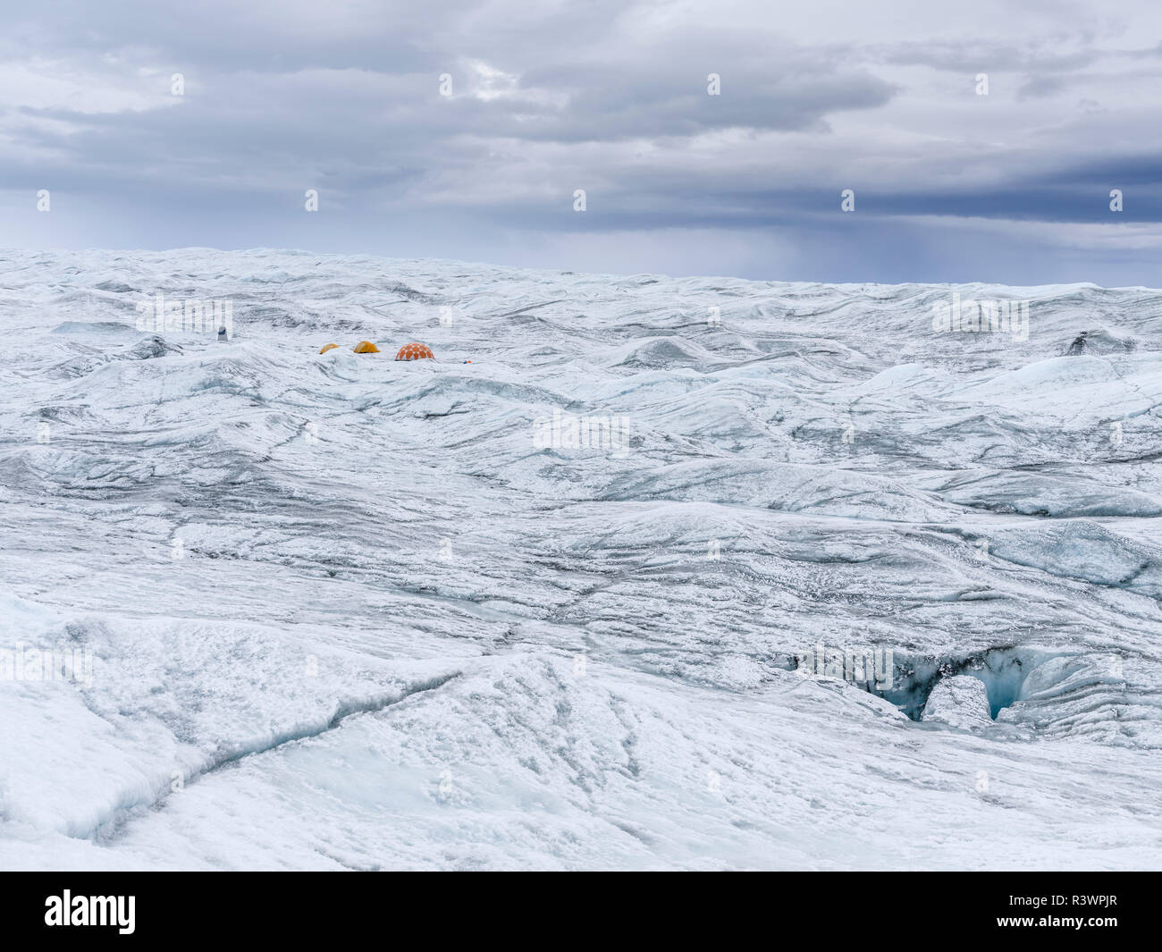 Camp on the ice cap. Landscape on the Greenland Ice Sheet near ...