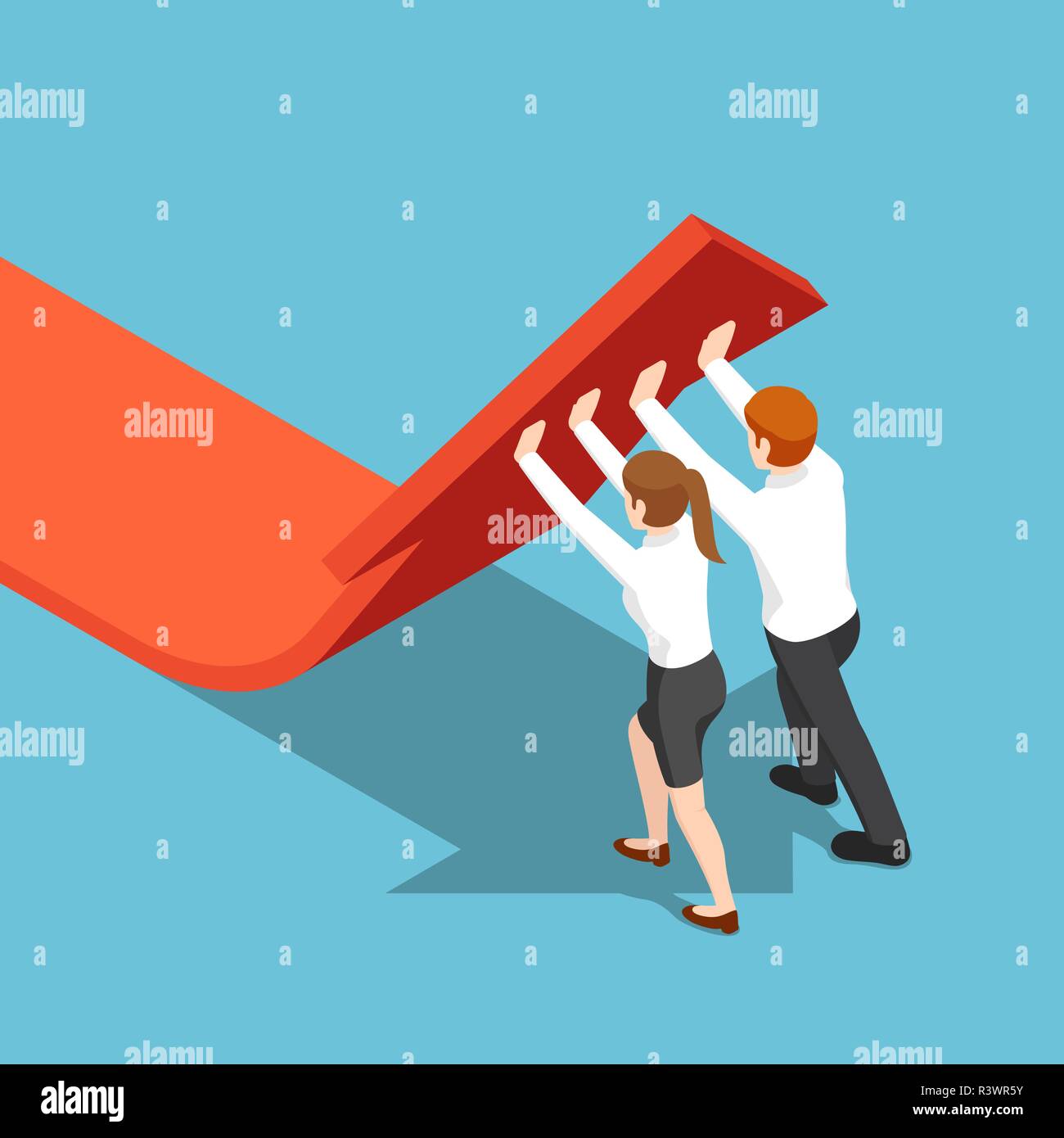 Flat 3d isometric business people push arrow graph up. teamwork and ...