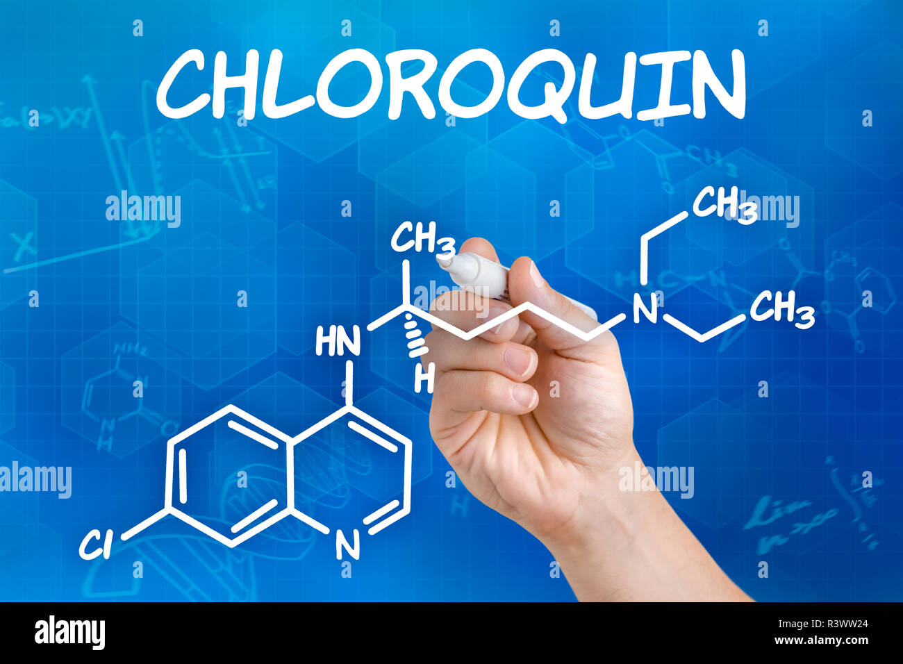 hand with pencil draws chemical structural formula of chloroquine Stock ...