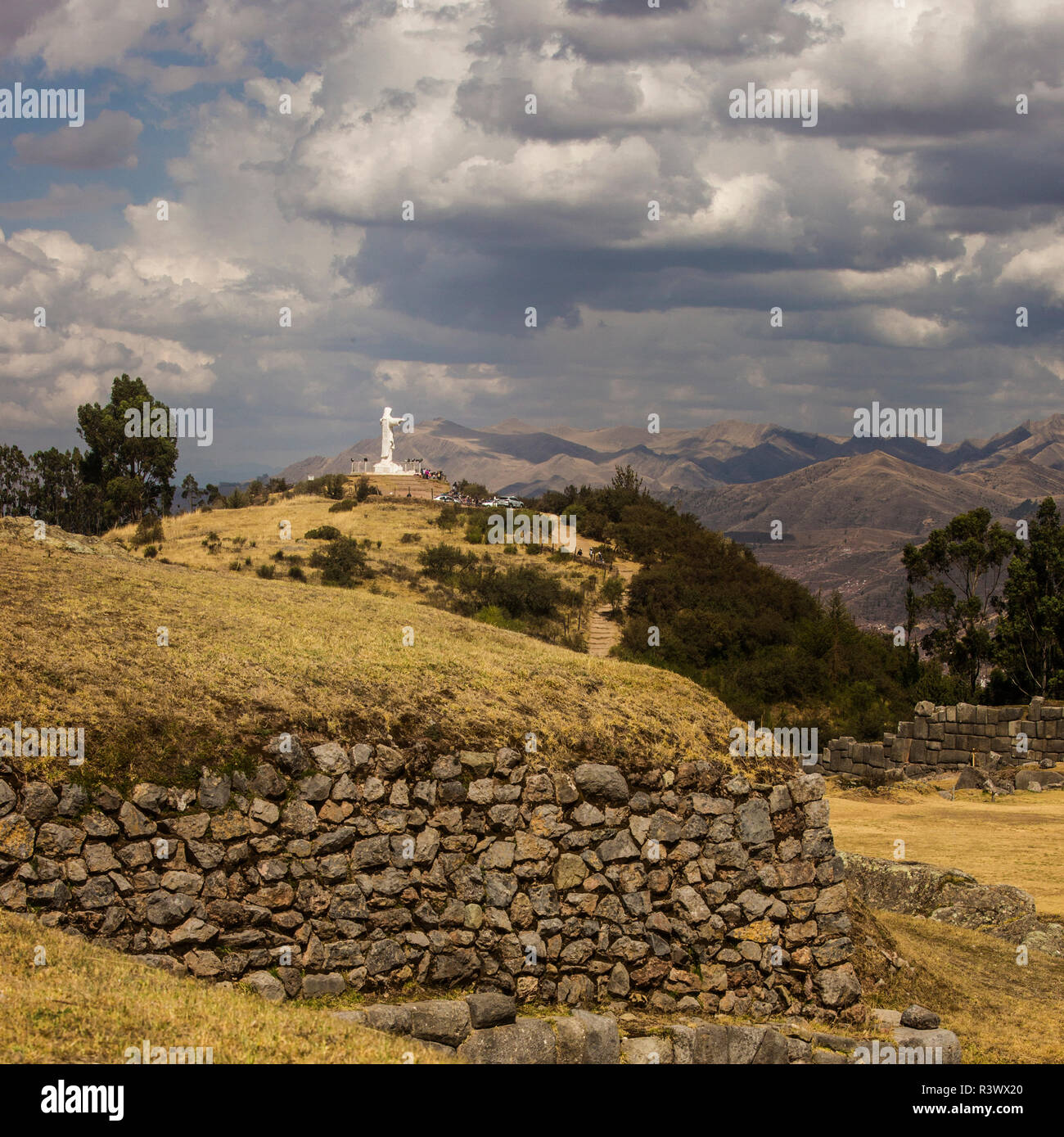 Saqsaywaman, Cusco, Peru. A view of the Christ Statue as seen from ...