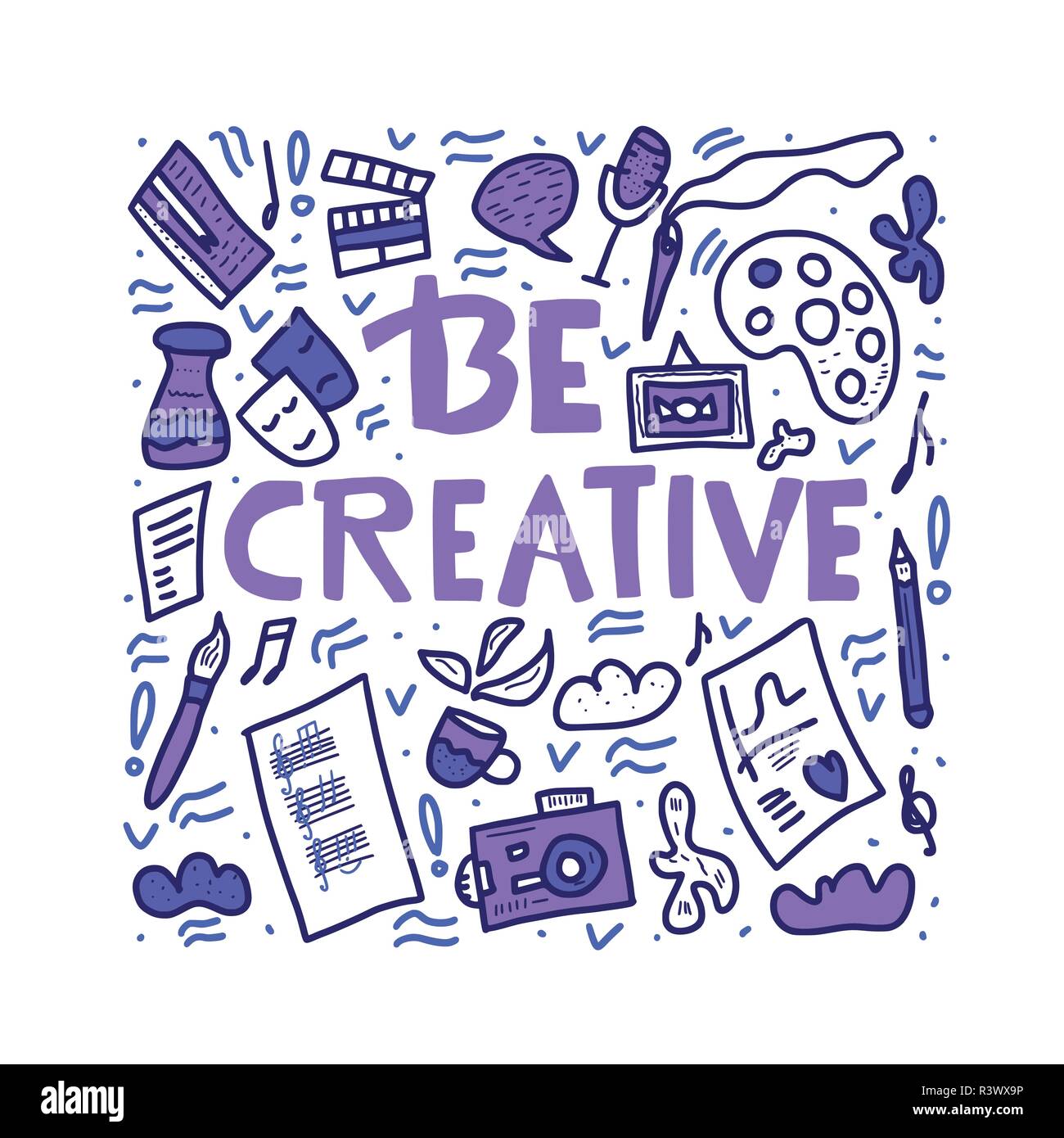 Be creative concept. Lettering with art symbols. Handwritten quote ...