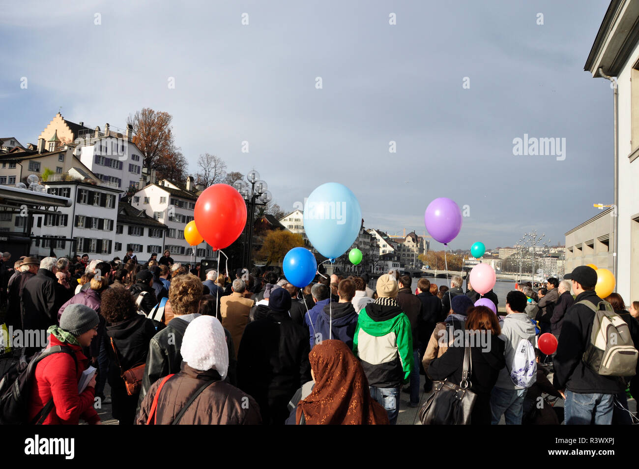 Switzerland: protesters in Zürich city on Gemüsebrücke demonstrating ...