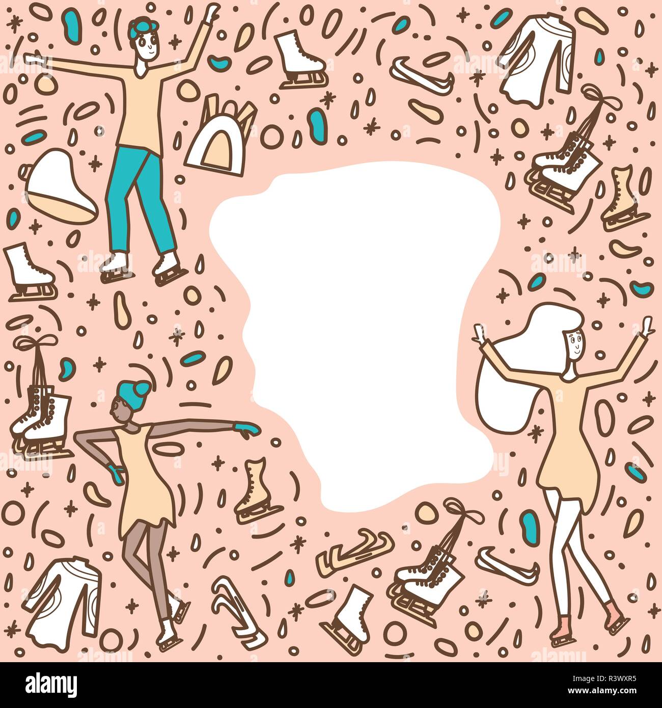 Figure skating frame. Group of athketes and sports equipment in doodle ...