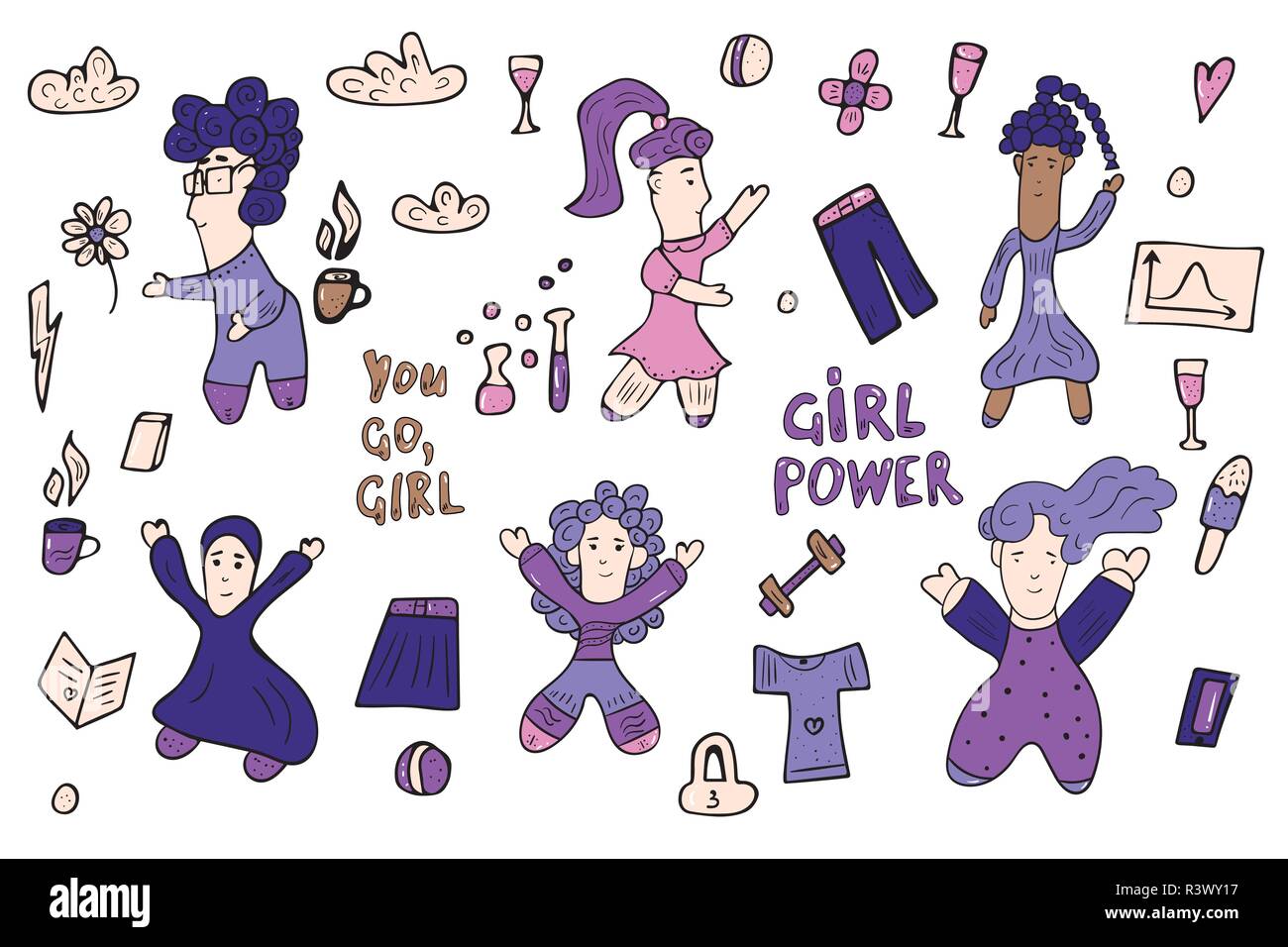 Vector illustration of girl power. Set in doodle style with different ...