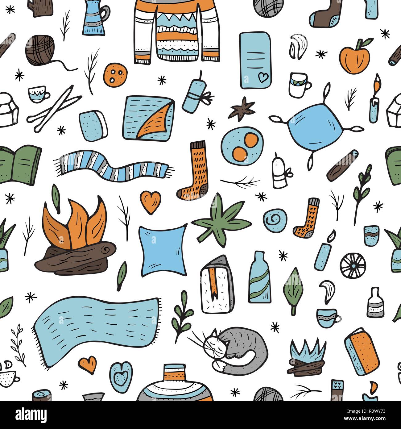 Seamless pattern of hygge concept. Vector isolated symbols of comfort ...