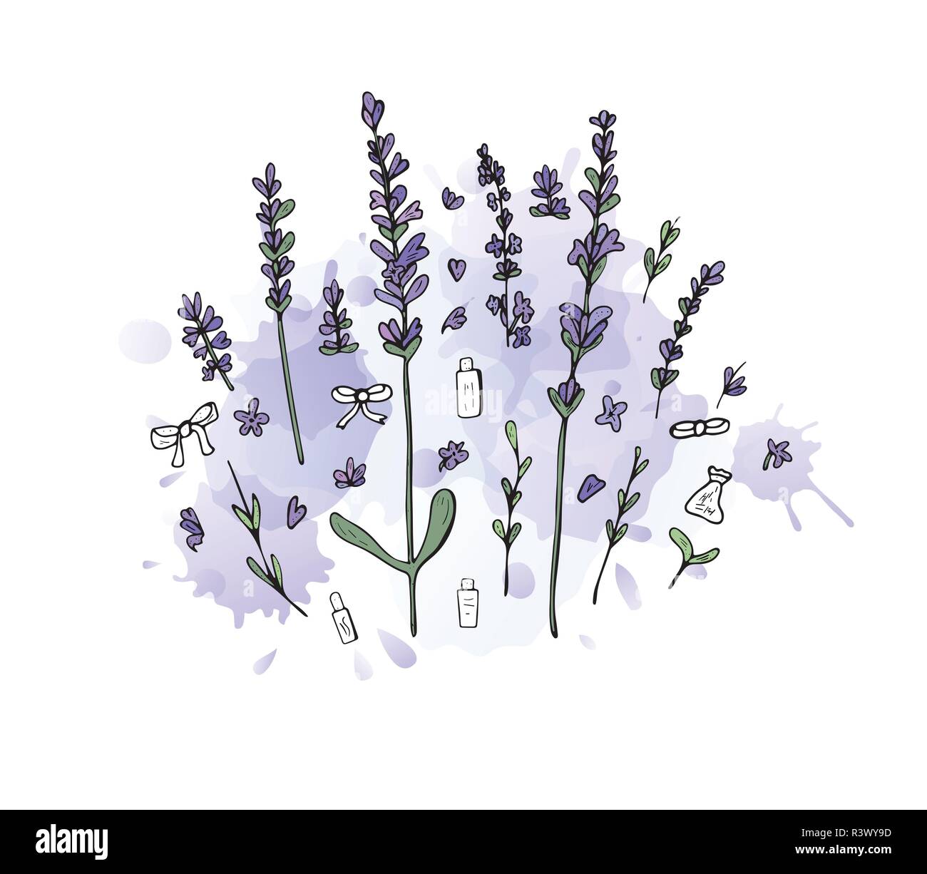 Lavender set composition in doodle style. Flowers elements with ...