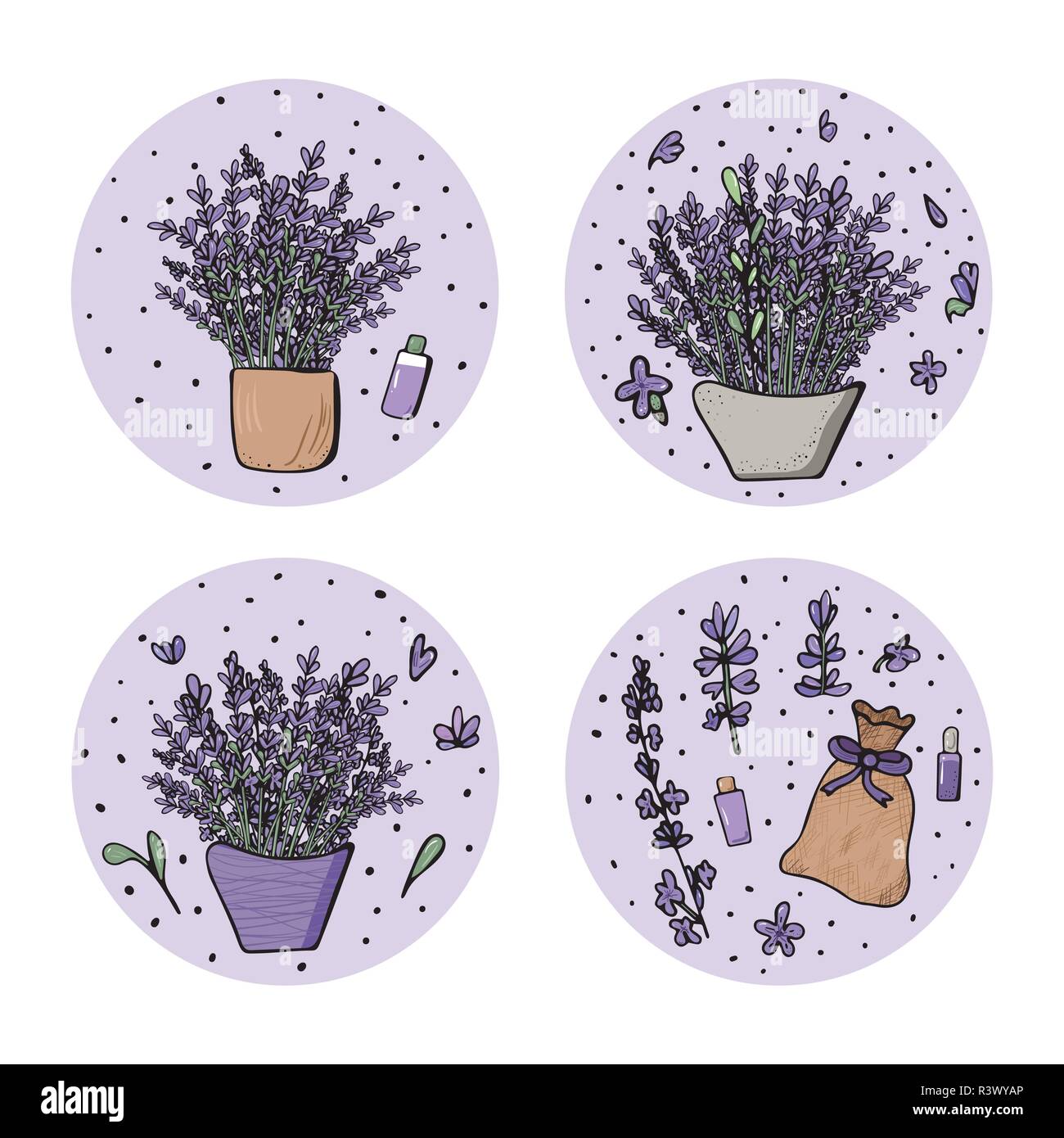 Lavender round compositions in doodle style. Flowers circle badges ...