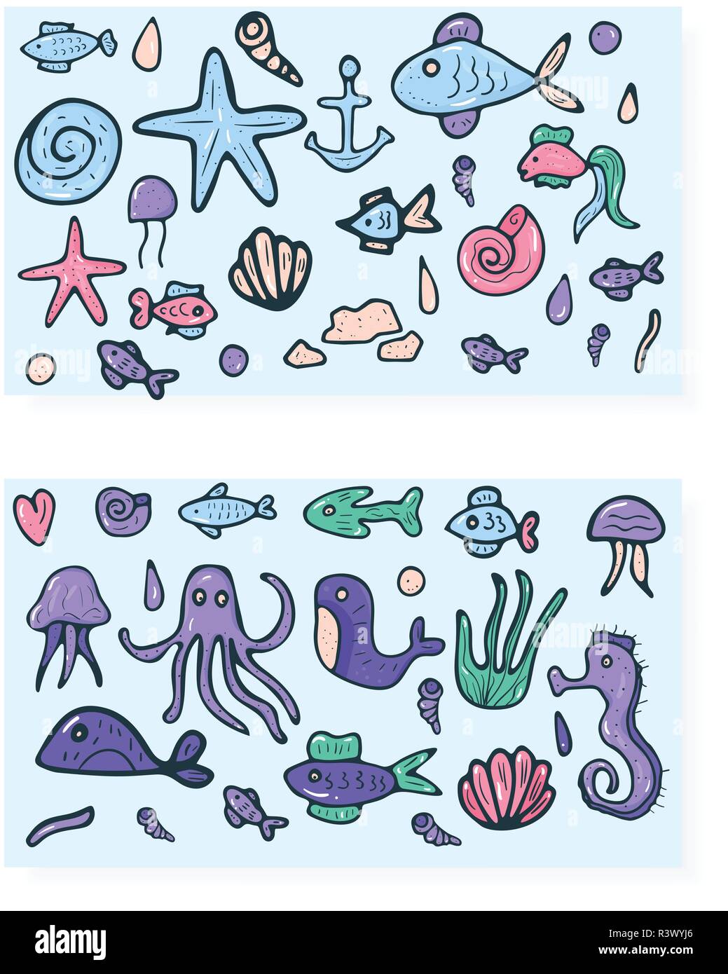 Sea set characters and symbols in doodle style. Vector illustration ...