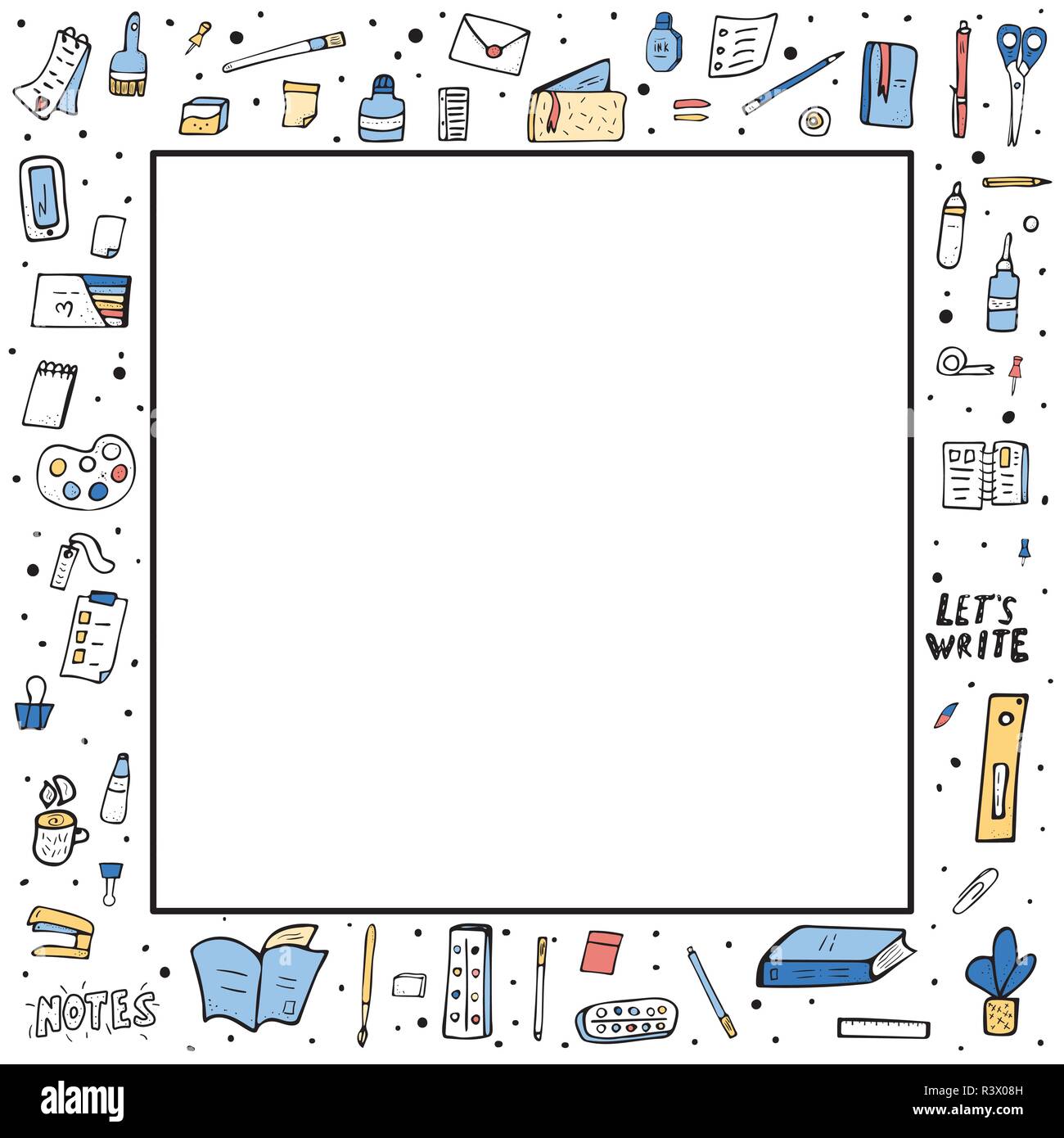Square frame of vector office supplies. Collection of stationery in ...
