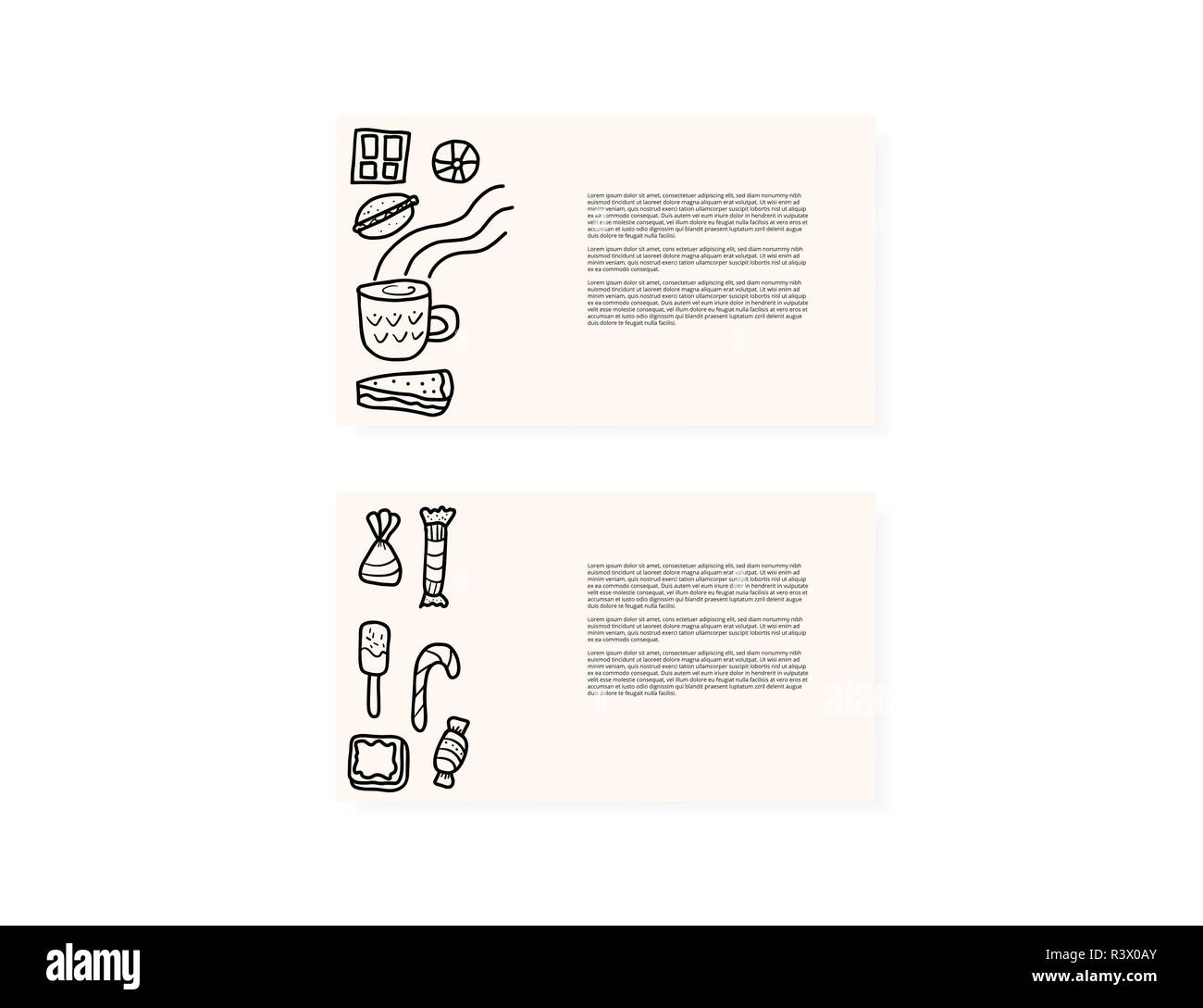 Vector set of cards with desserts. Sweets cakes, donuts, candy and ...