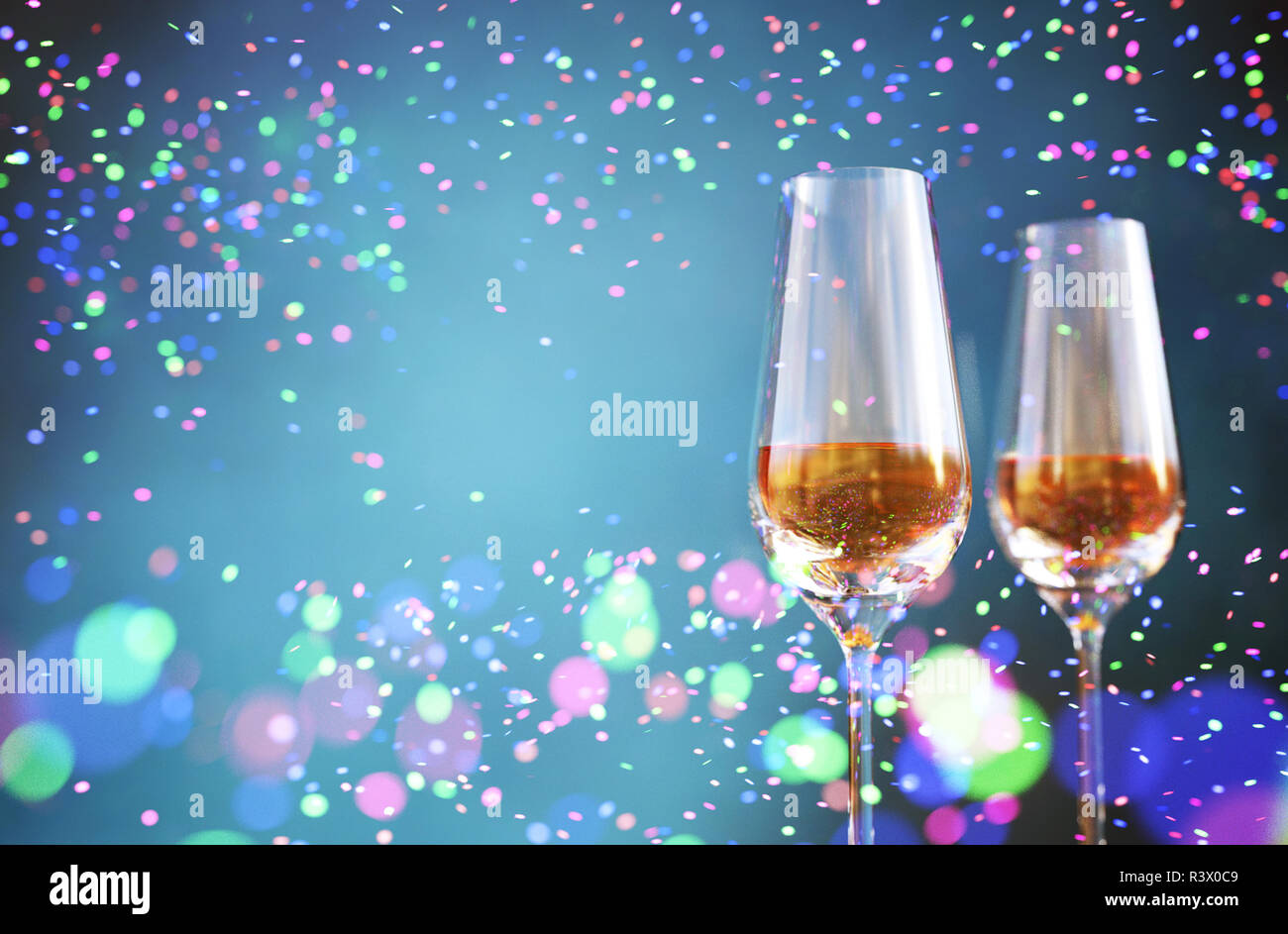 Glass of champagne with Abstract colorful blurred lights for festive ...