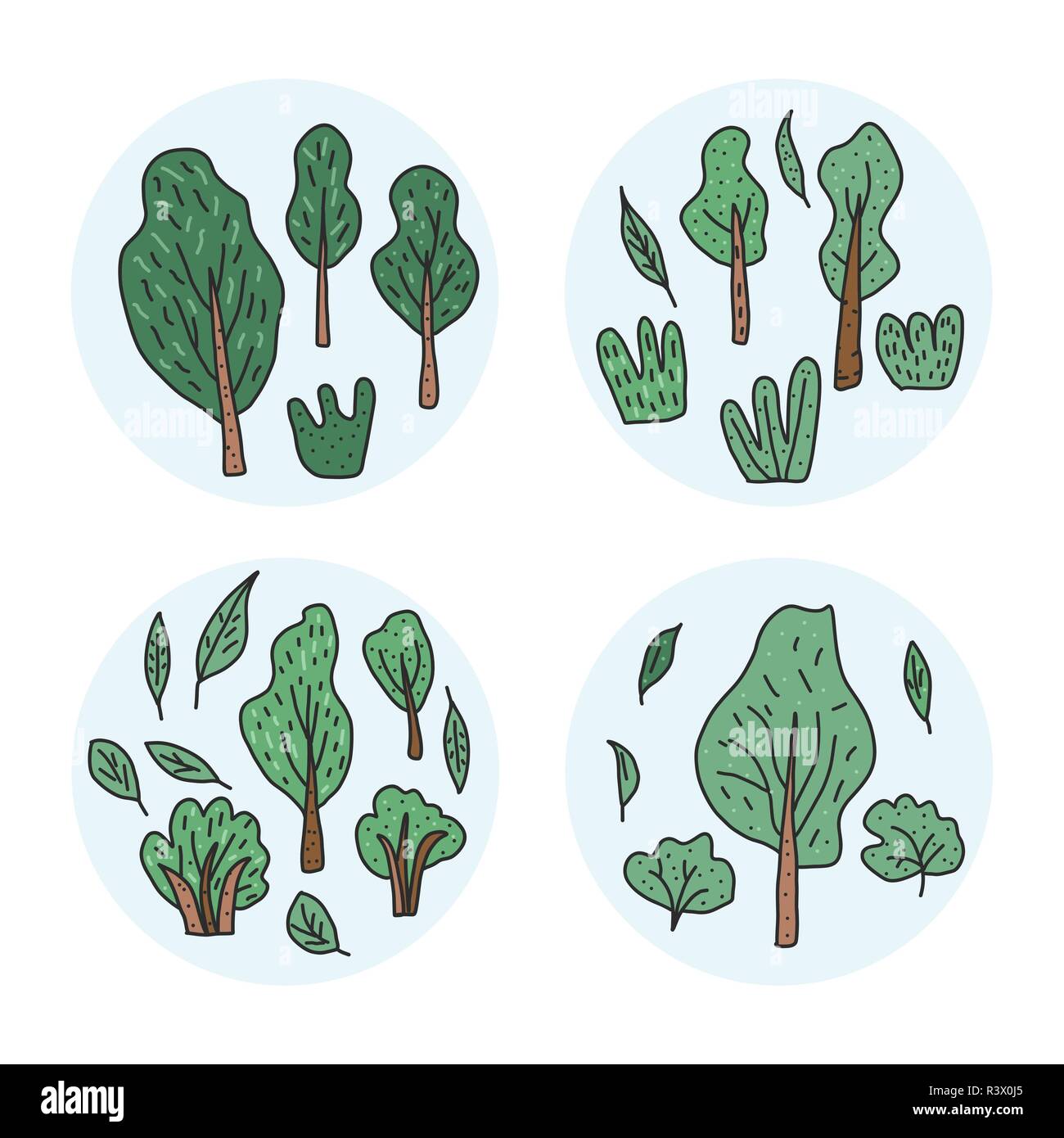Set of round badges of trees, leaves and bushes. Templates for card ...