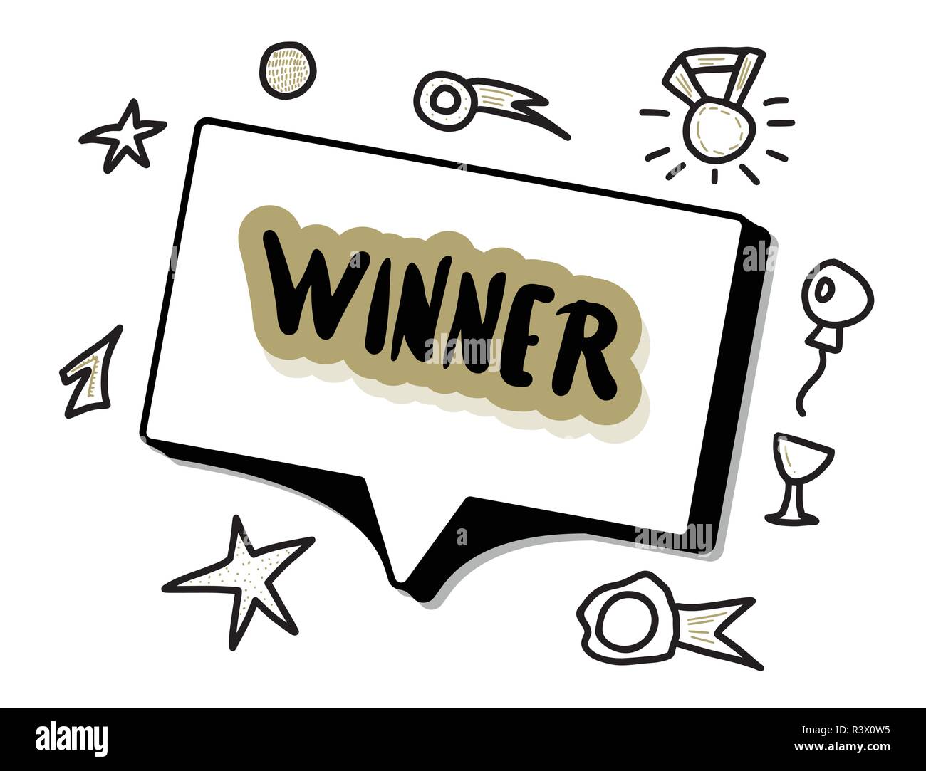 Winner lettering with speech bubble and doodle victory symbols ...