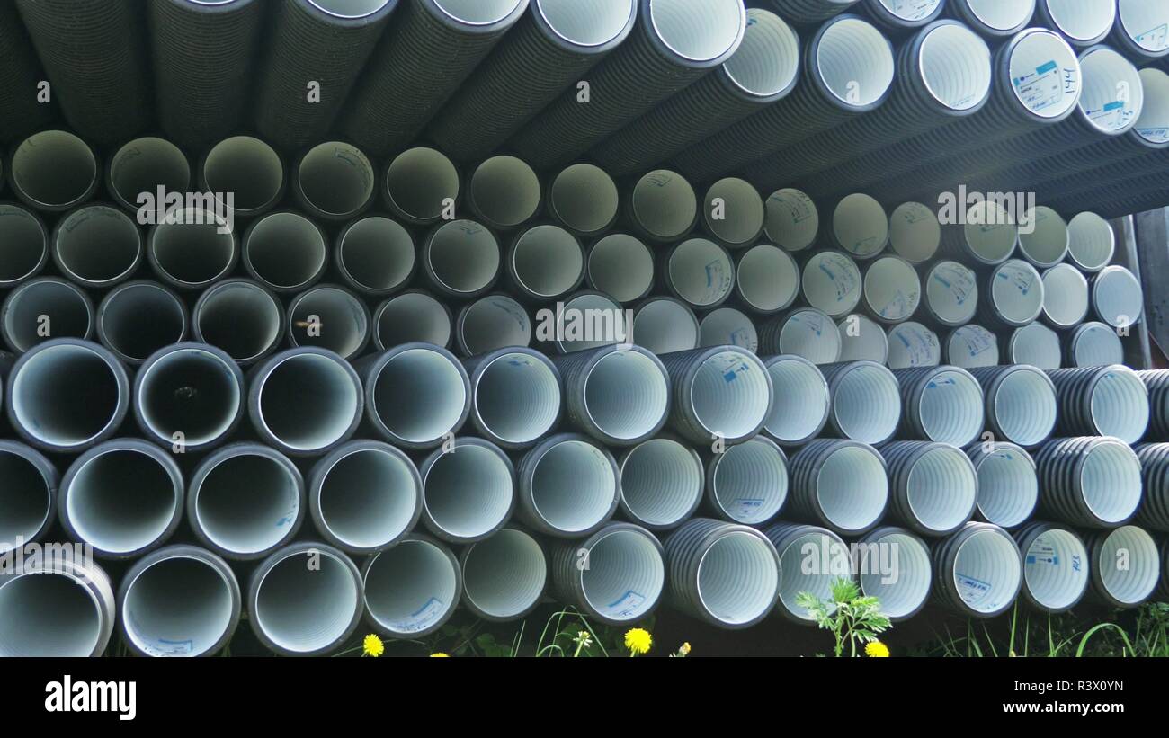 Warehouse of finished plastic pipes industrial outdoors storage site ...