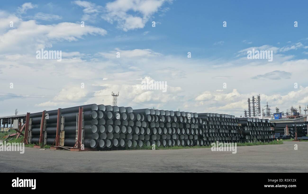 Warehouse of finished plastic pipes industrial outdoors storage site ...